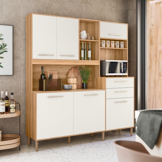 Armário Cozinha Salsa 6 portas 2 gavetas Freijó/Off White Cristal ...